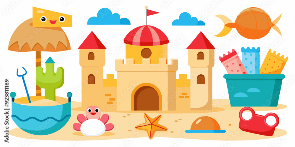 3D sand castle set, beach summer vacation vector clipart kit, kid ...