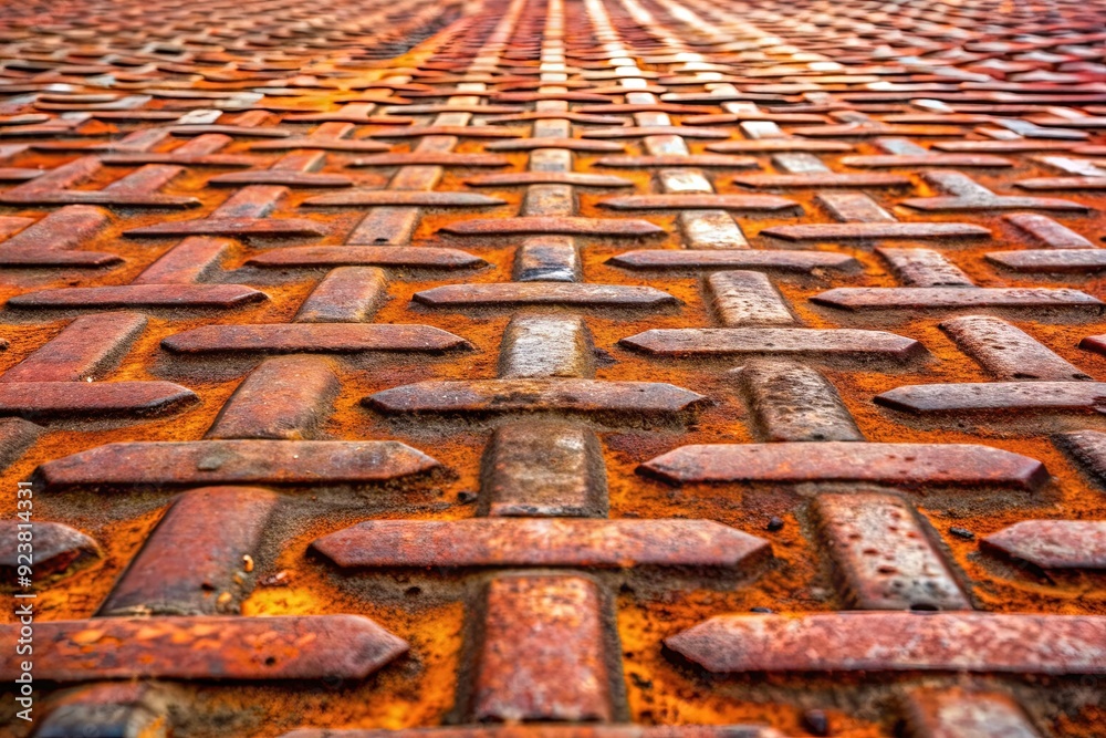 Rusty iron walkway mats with flaking red oxide coating, revealing ...