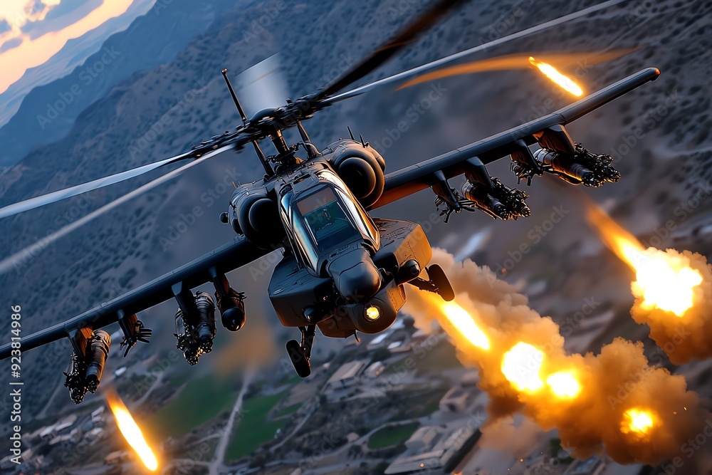 An attack helicopter engaging enemy ground forces, with its missiles ...