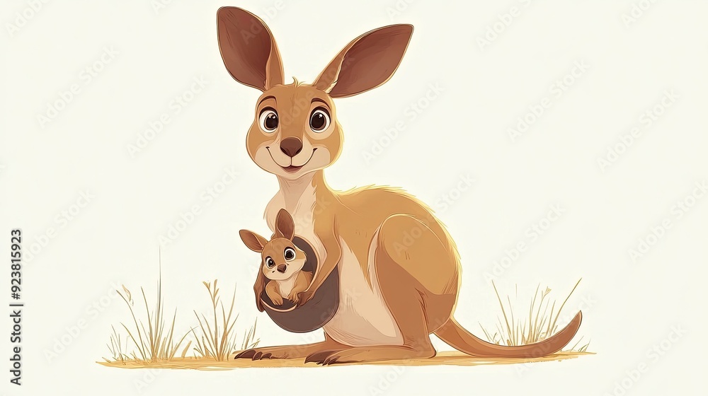 Cute cartoon kangaroo with a baby joey peeking out of its pouch, hopping along. Stock ...
