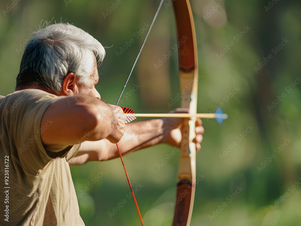 Skilled archer focusing on target, ready to release arrow with ...