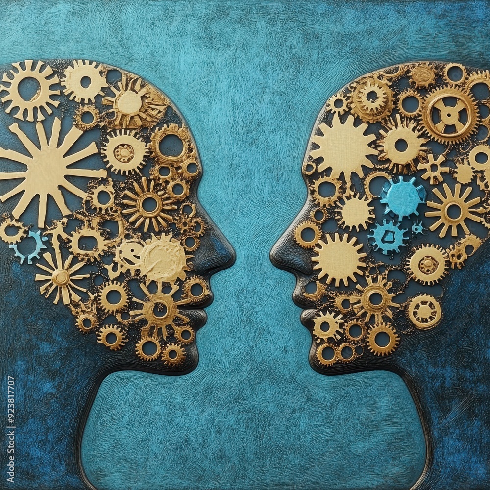 Conceptual illustration of two human heads with gears and cogs ...