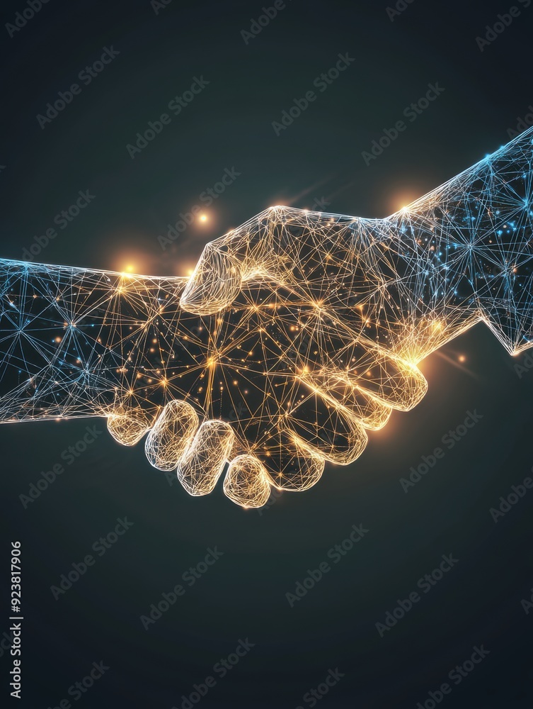 Digital handshake with interconnected lines representing cybersecurity ...