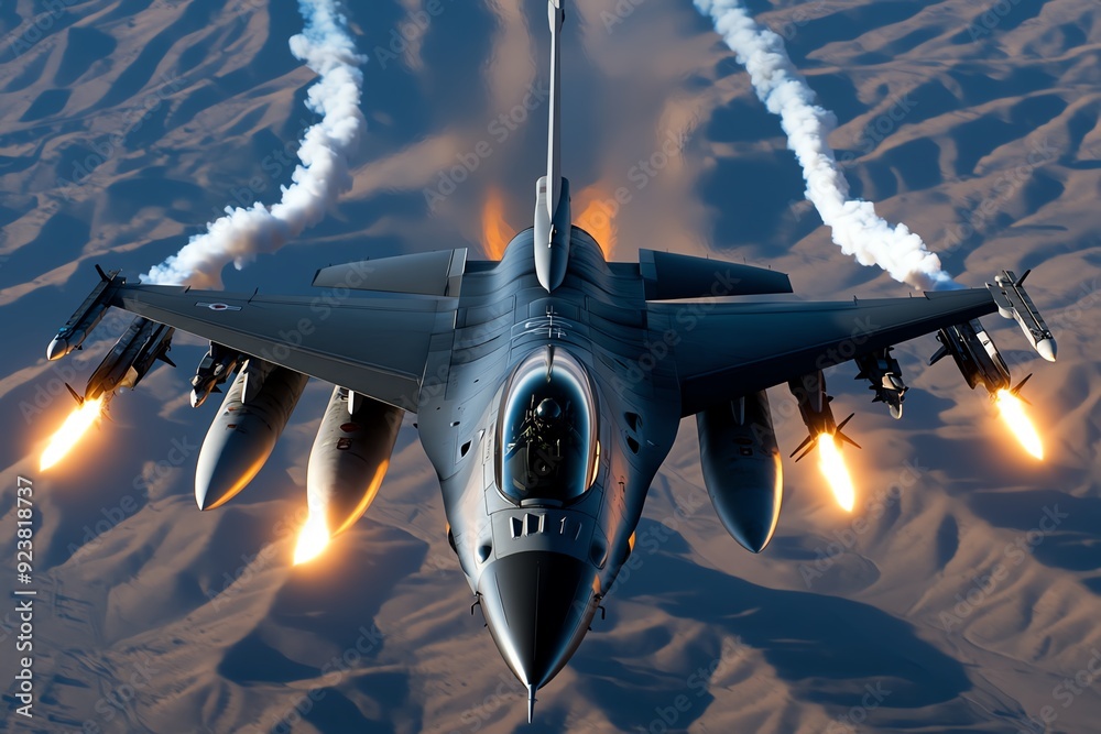 A fighter jet executing a high-speed turn, with flares being deployed ...