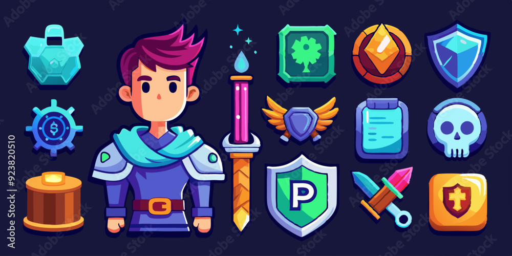 RPG game icon set, pictogram UI kit, fantasy mobile app collection ...