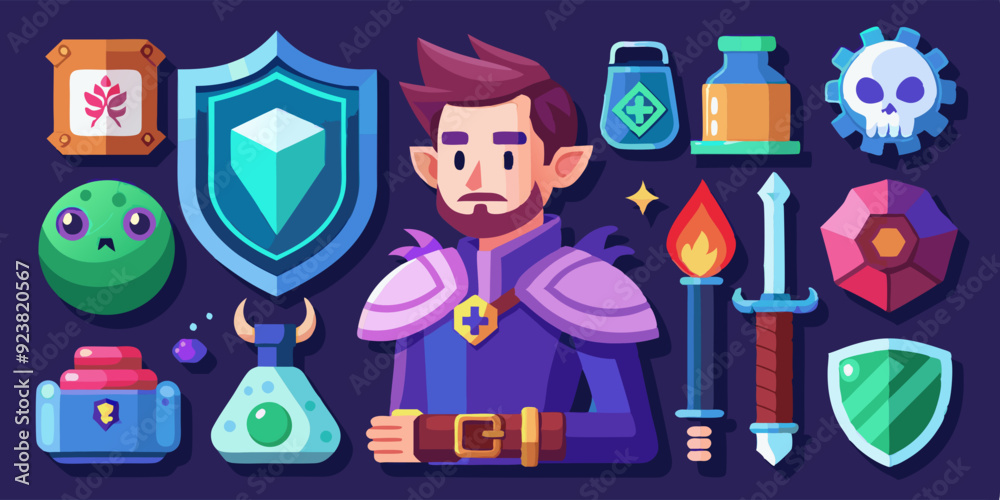 RPG game icon set, pictogram UI kit, fantasy mobile app collection ...