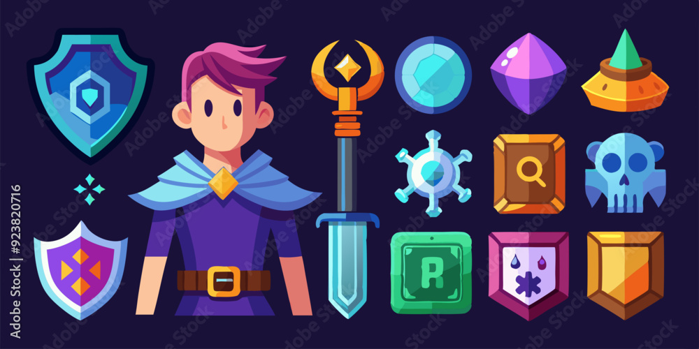 RPG game icon set, pictogram UI kit, fantasy mobile app collection ...
