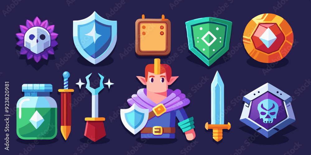 RPG game icon set, pictogram UI kit, fantasy mobile app collection ...