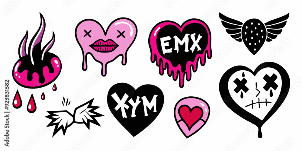 Heart tattoo emo sticker set, vector gothic graffiti love icon kit ...