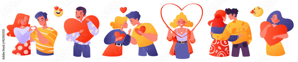 Set of cartoon characters showing their feelings to each other. They ...