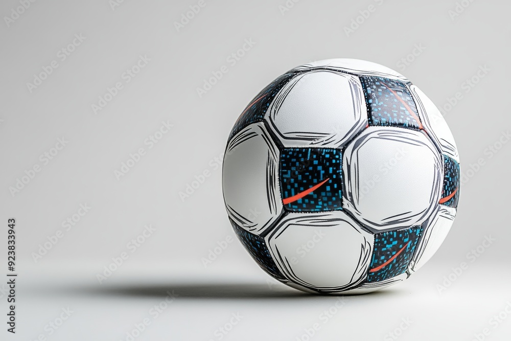 A sleek, modern soccer ball showcases its detailed surface texture ...