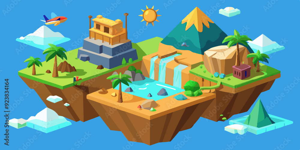 Game island, iceberg, volcano, desert Egypt pyramid, vector isometric ...