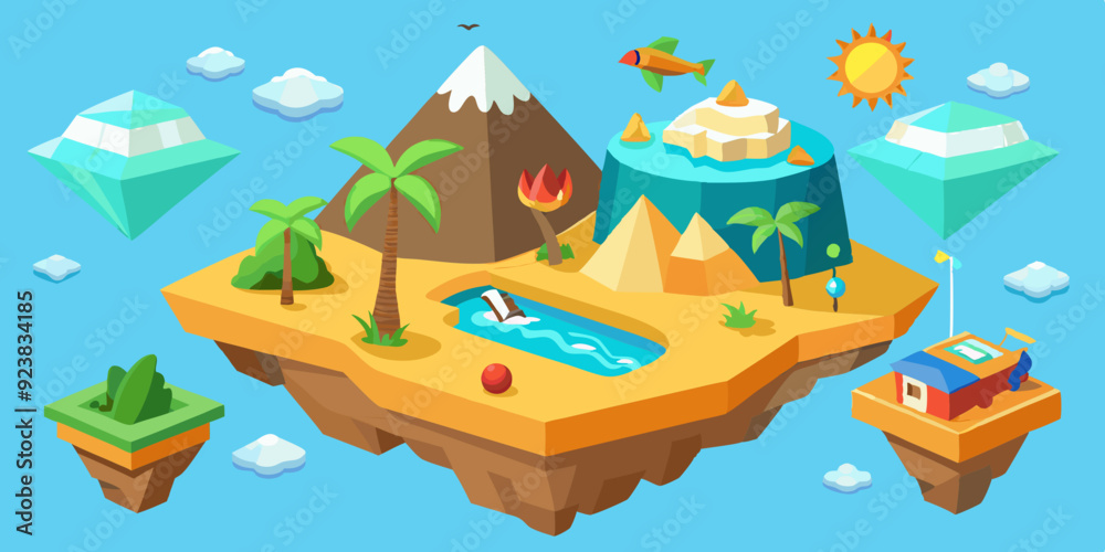 Game island, iceberg, volcano, desert Egypt pyramid, vector isometric ...