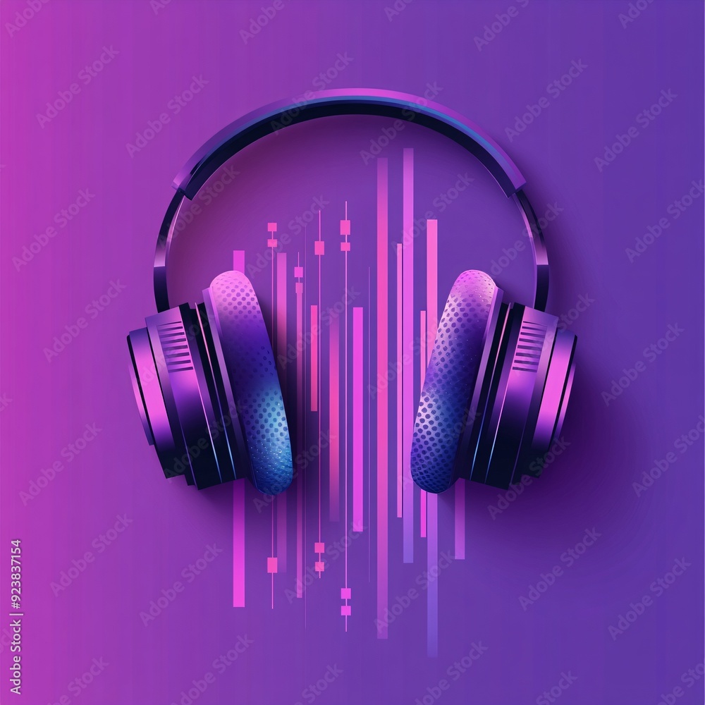 Headphones with neon glow and vertical audio bars on a purple ...