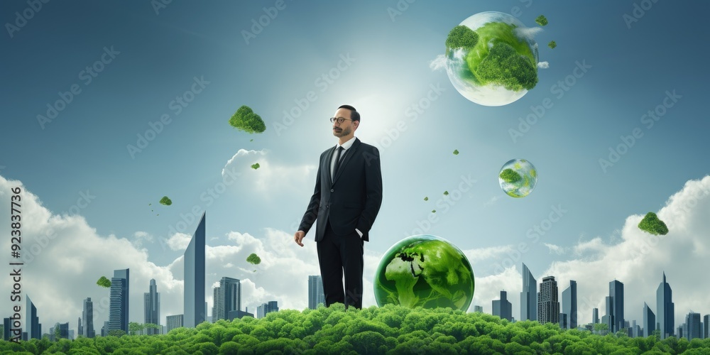 Reduce CO2 emission with icon global warming, Businessman reduce ...