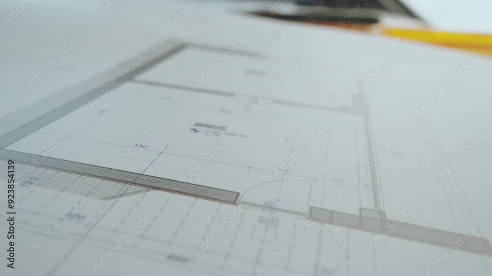 Close up of paper with blueprints plans on table in architectural ...
