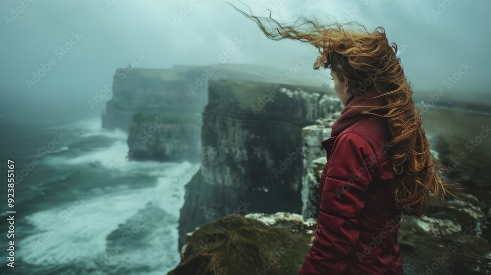 The Storm Chaser: Woman Bracing Against Gusts on Cliff Edge to Capture ...