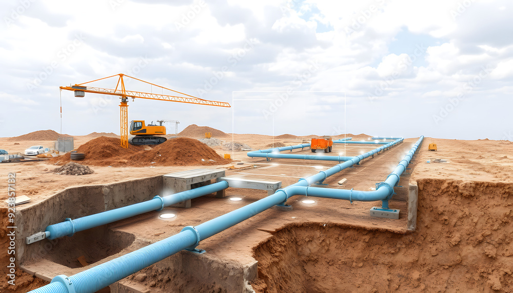 Construction site with new hydraulic system of drinking water to be ...