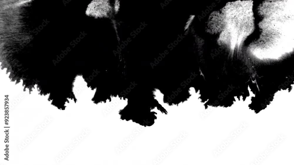 Black ink top down artistic flow splatter spots spills white paper ...