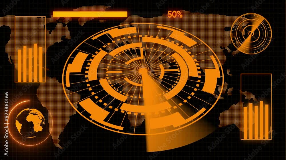 Radar HUD Screen Animation 4K. Motion graphic of colorful sonar radar ...