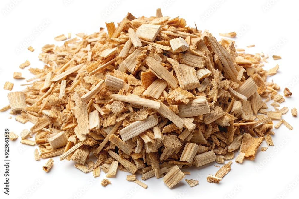 Rough-textured wood chip shavings in their natural color are scattered ...