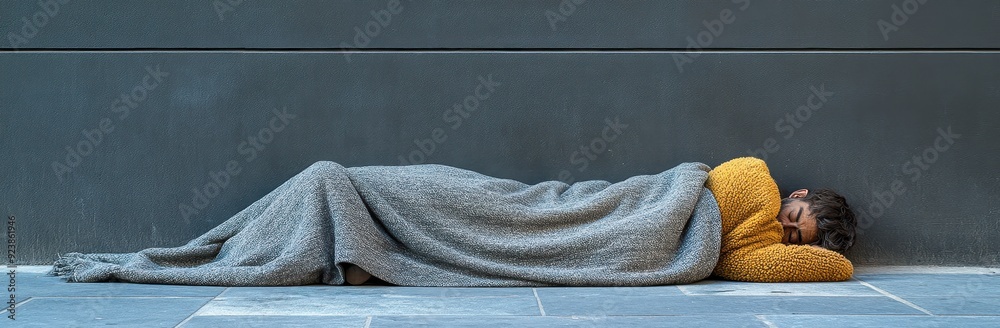 Homeless Person Sleeping on Sidewalk Under Blanket – Concept of Poverty ...