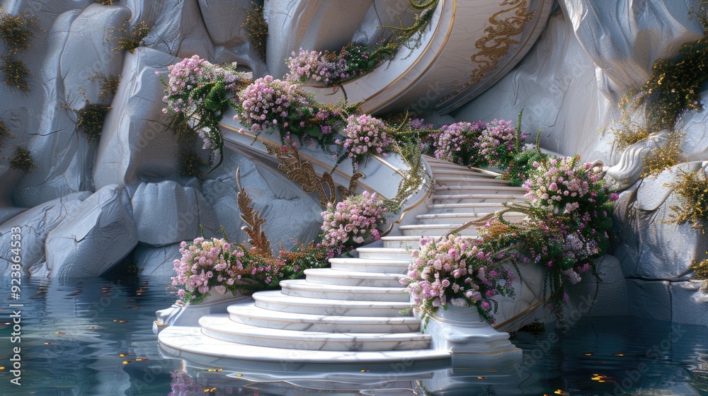 Marble white stairs with flower garlands, fantasy palace or heaven ...