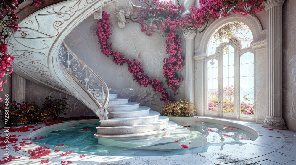 Marble white stairs with flower garlands, fantasy palace or heaven ...