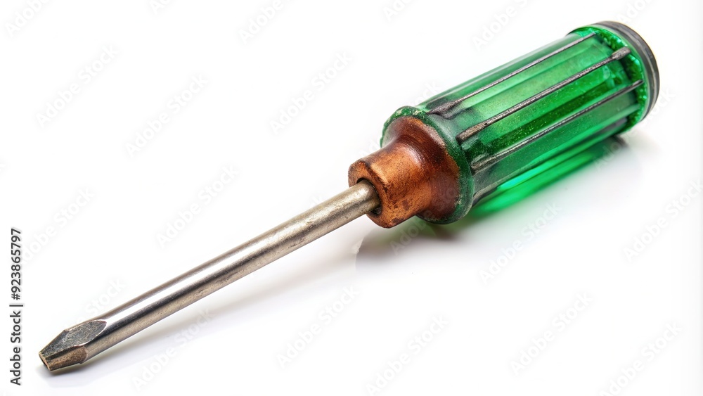 Retro-style crosshead screwdriver with worn, vibrant green plastic ...