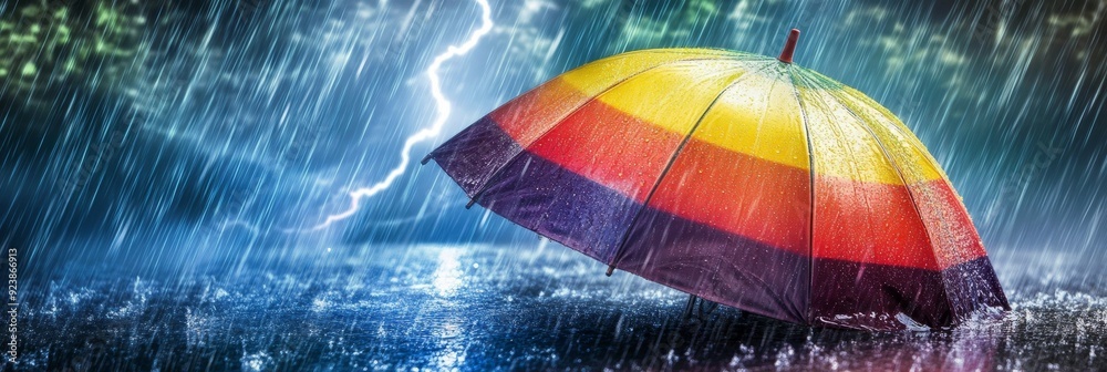Colorful Umbrella in a Rainy Storm - A bright, colorful umbrella stands ...