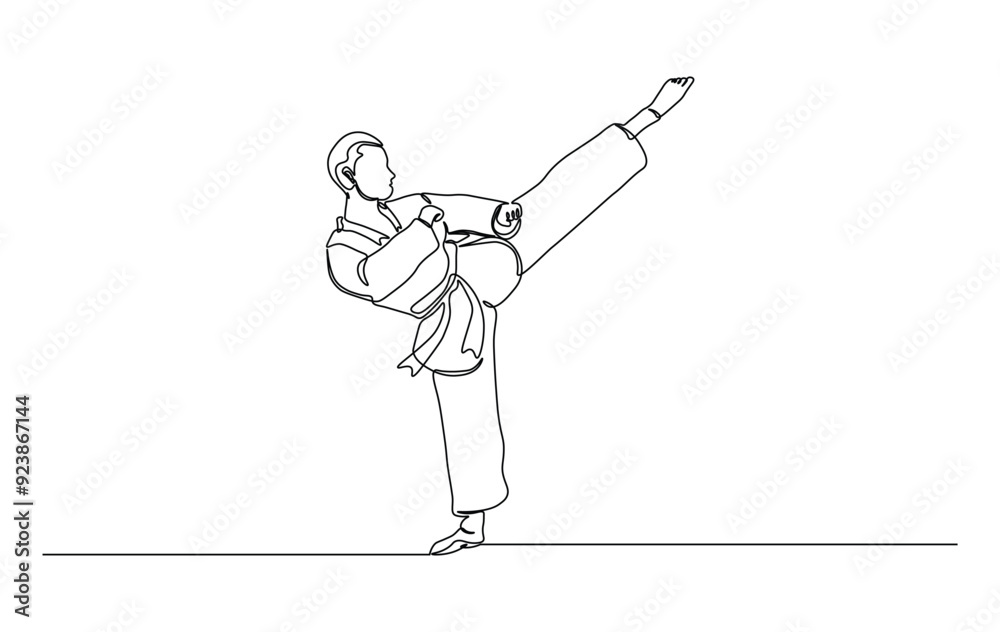 One continuous line drawing karateka fighter in kimono practicing ...
