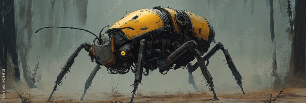 Cybernetic Beetle in a Foggy Forest - A mechanical beetle, resembling a ...