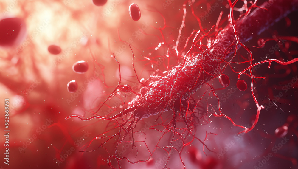 3D rendering of capillaries with flowing red blood cells representing ...