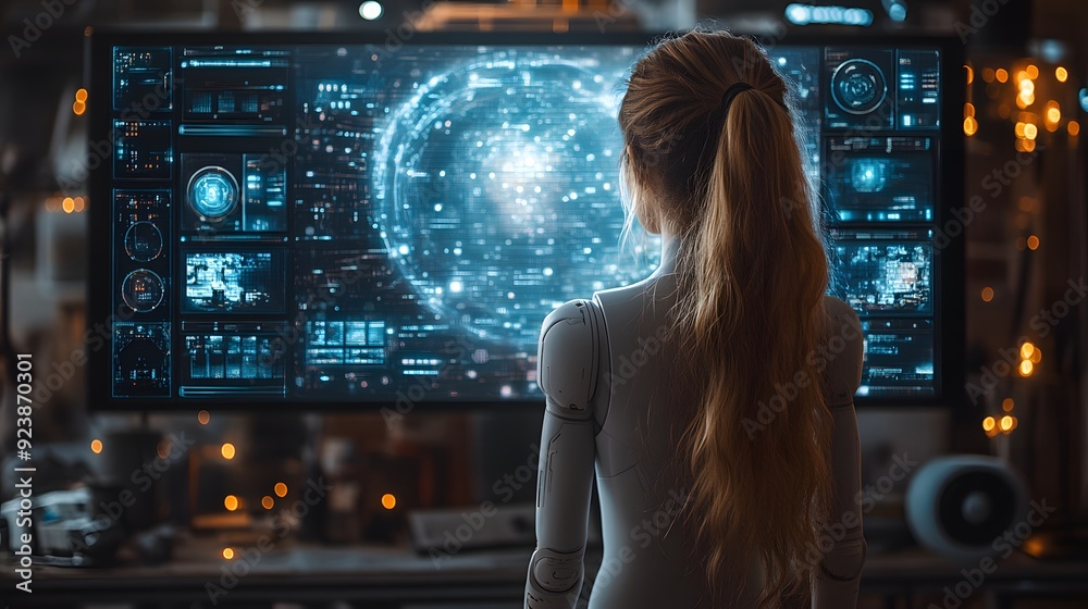 Robot Learning from AI System: A wide 16:9 shot of a robot learning and ...