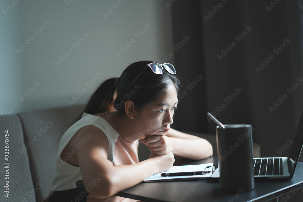 Stressed, tired, sleepy young asian businesswoman bored from sitting at ...