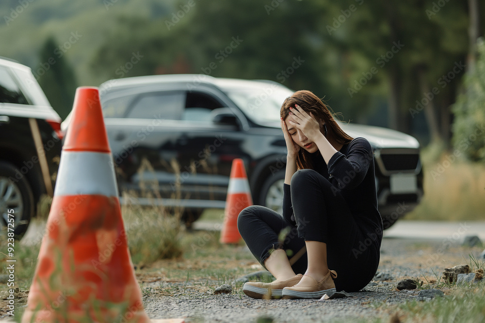 Woman in pain after a car accident on a roadside with a broken traffic ...