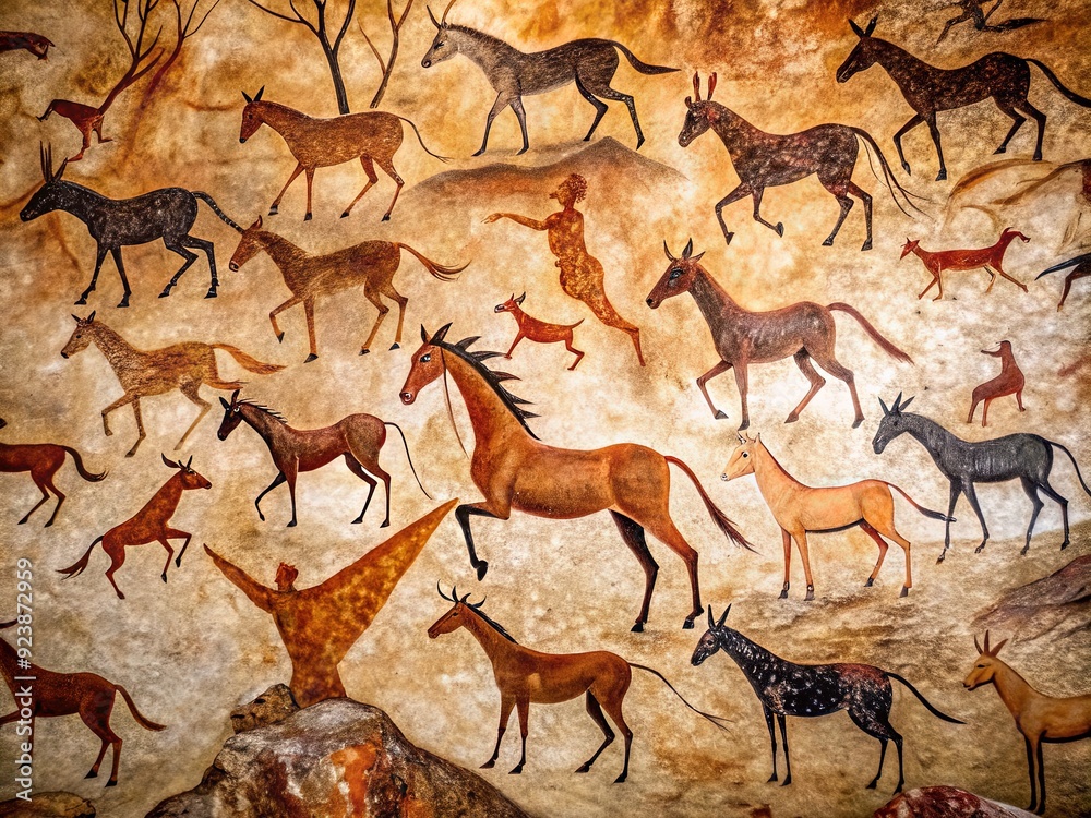 Ancient wild animals, horses, and hunters populate a seamless cave art ...