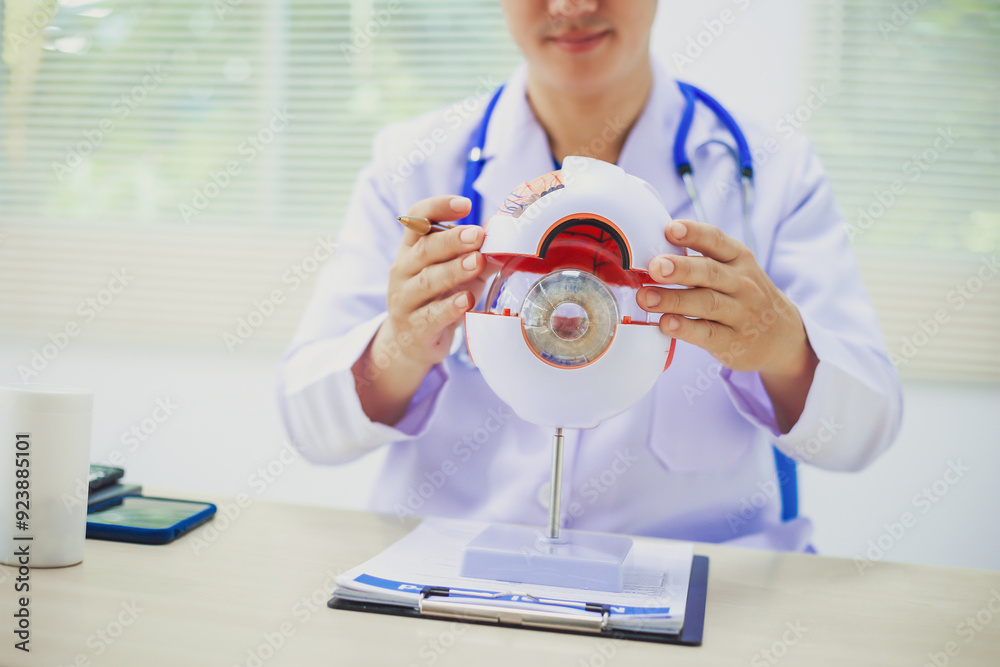 An ophthalmologist explains eye diseases using an eye model at an ...