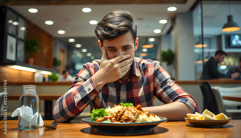 Spoiled food in the restaurant. Dissatisfied young man in a cafe covers ...