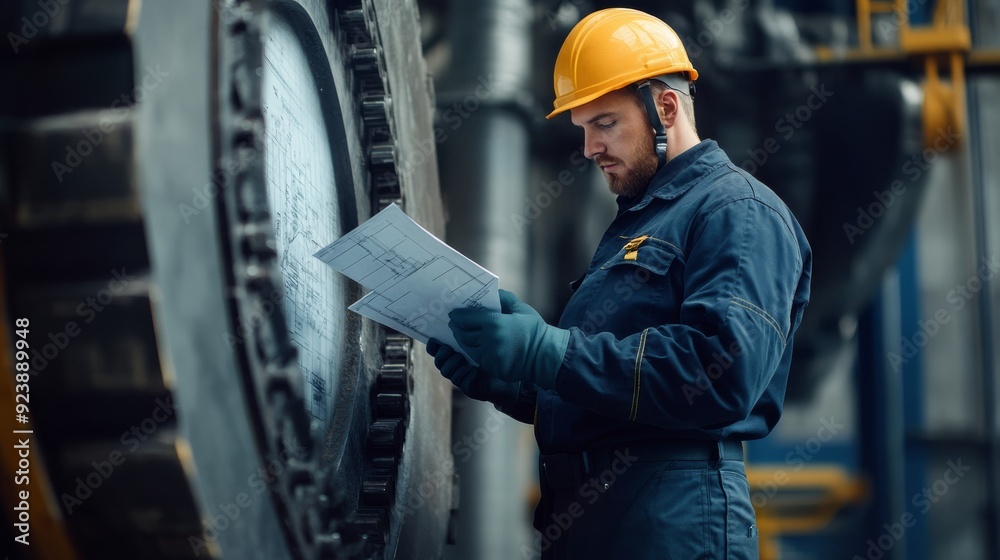 Professional engineer in heavy industry standing next to a large ...