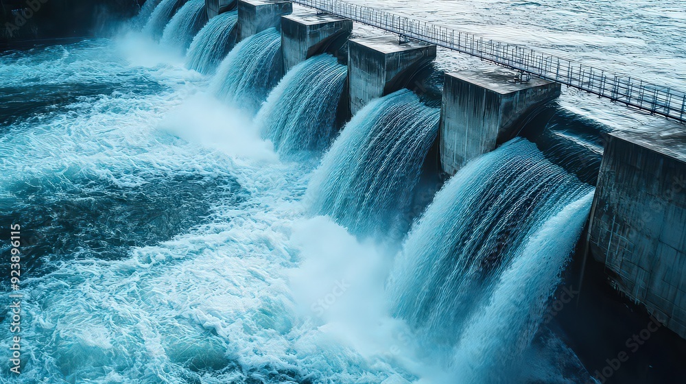 Powerful water flowing over a dam, illustrating hydroelectric power and ...