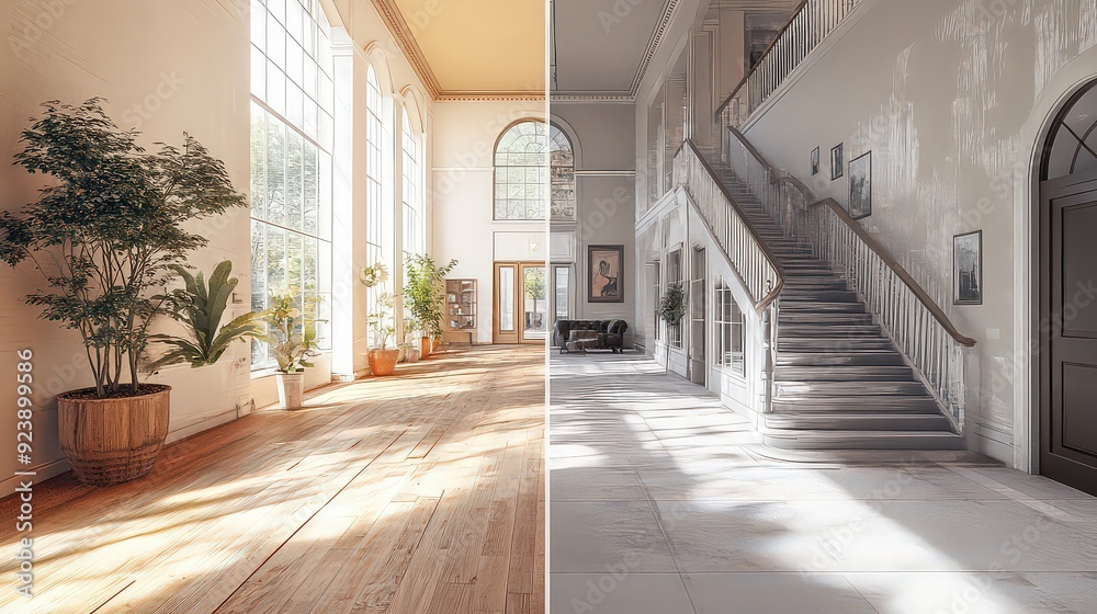 architectural visualization showing before-and-after views of a ...