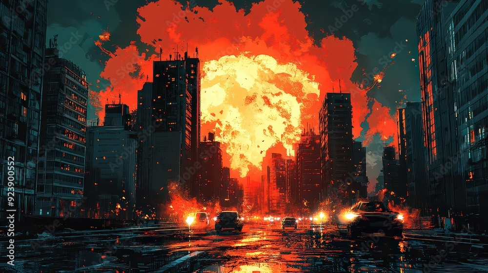 comic book illustration of a city in turmoil, with dramatic lighting ...