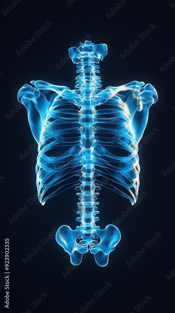 Detailed X-ray image of a human skeleton highlighting the rib cage and ...