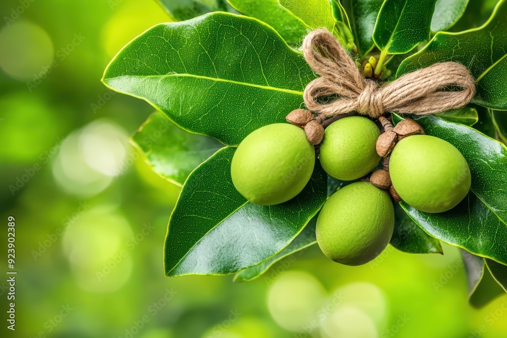 Fresh green fruit hanging from a branch adorned with leaves, showcasing ...