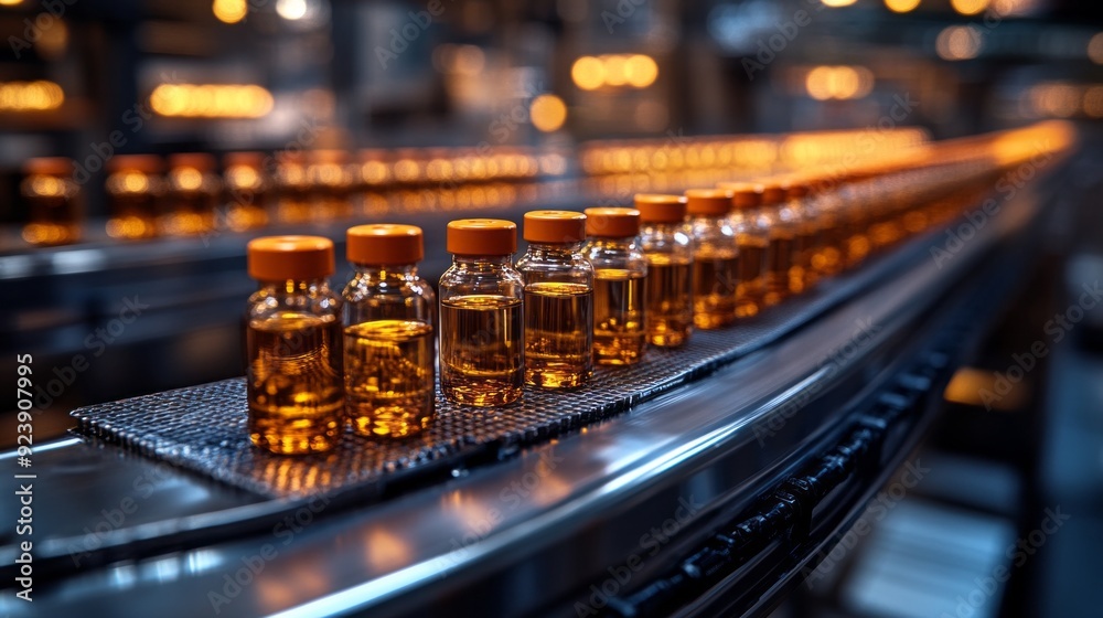 Rows of amber vials filled with liquid are moving along a conveyor belt ...