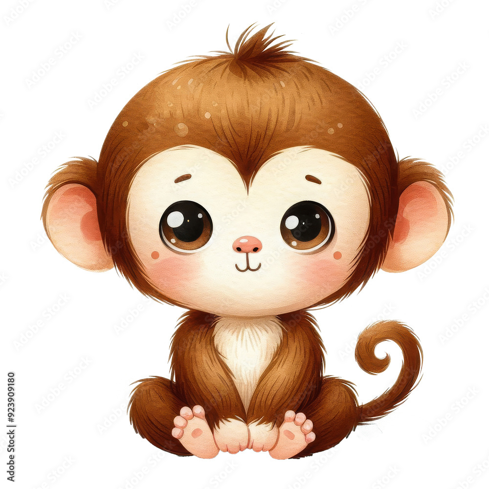 cute baby monkey, hand-drawn watercolor style clipart, isolated ...