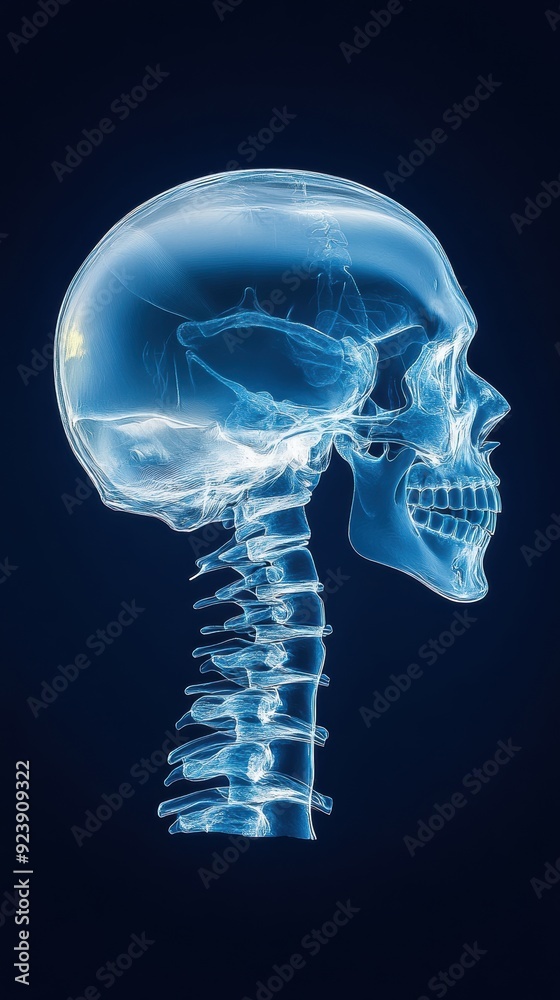 A detailed x-ray of a human skull and neck, showcasing skeletal ...