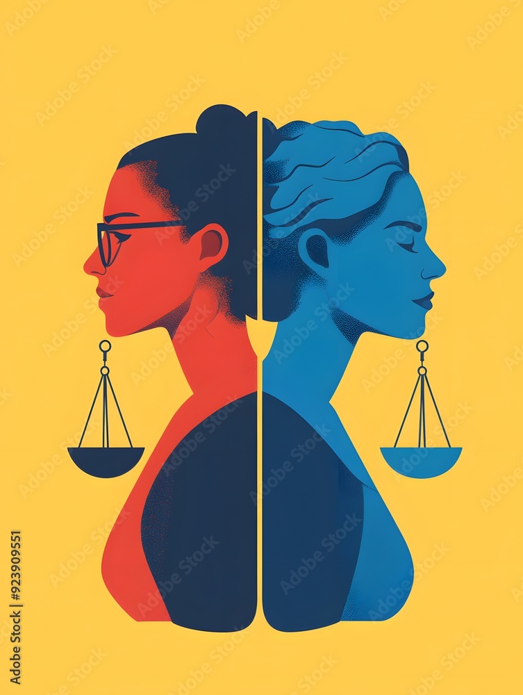 Two women in profile, facing opposite directions, each holding a scale ...