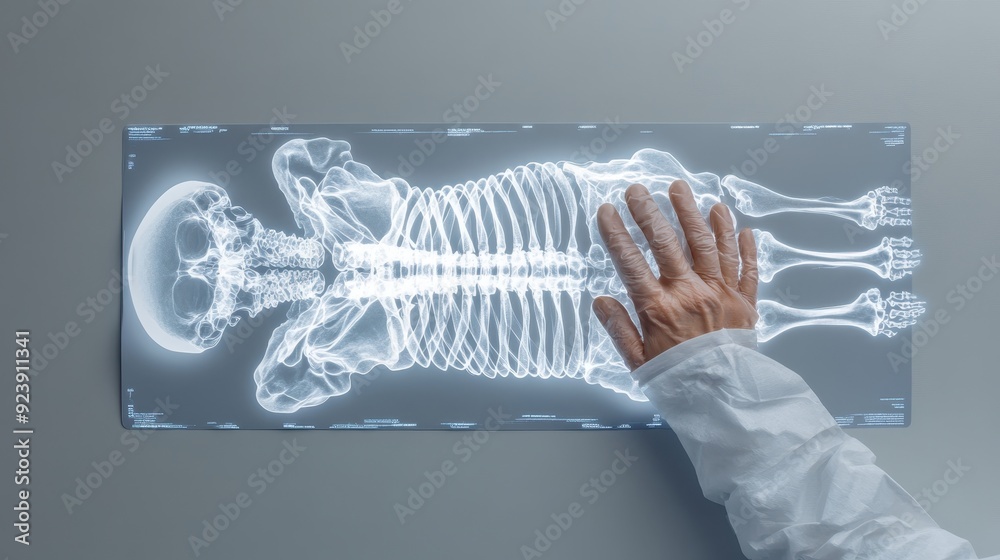 X-ray image of a human skeleton with a hand positioned over it ...